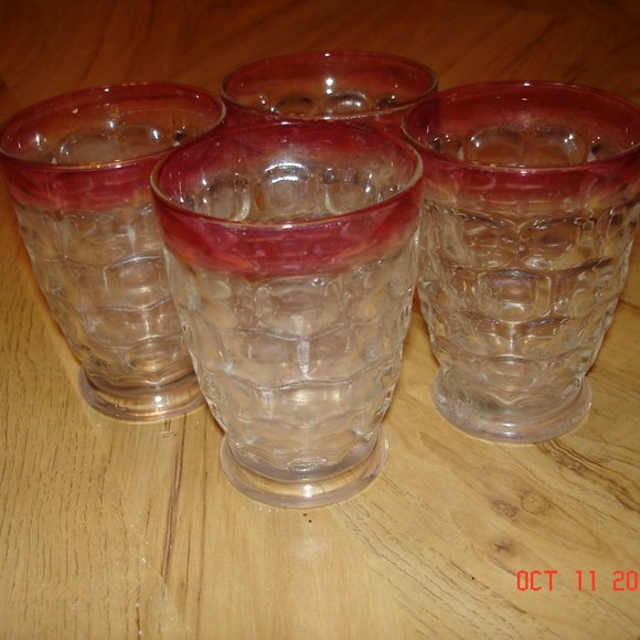 Dining | Vintage Federal Glass Ruby Red Thumbprint Juice Glasses Set Of ...